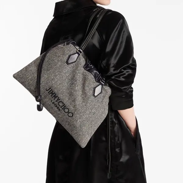 JIMMY CHOO Blended-fabric Herringbone Drawstring Shoulder Bag