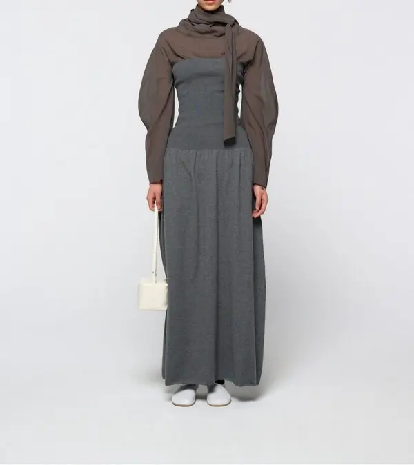 AMOMENTO Ribbed Shirring Knit Maxi Dress