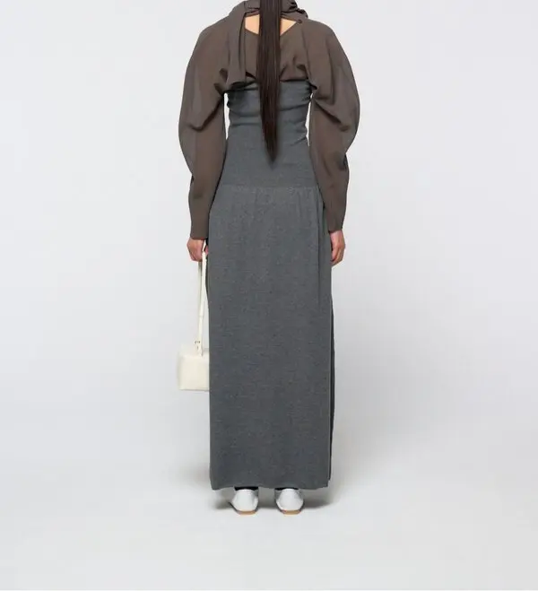 AMOMENTO Ribbed Shirring Knit Maxi Dress