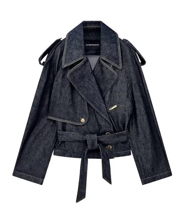 Emporio Armani Belted Denim Jacket With Wide Lapels And Epaulettes