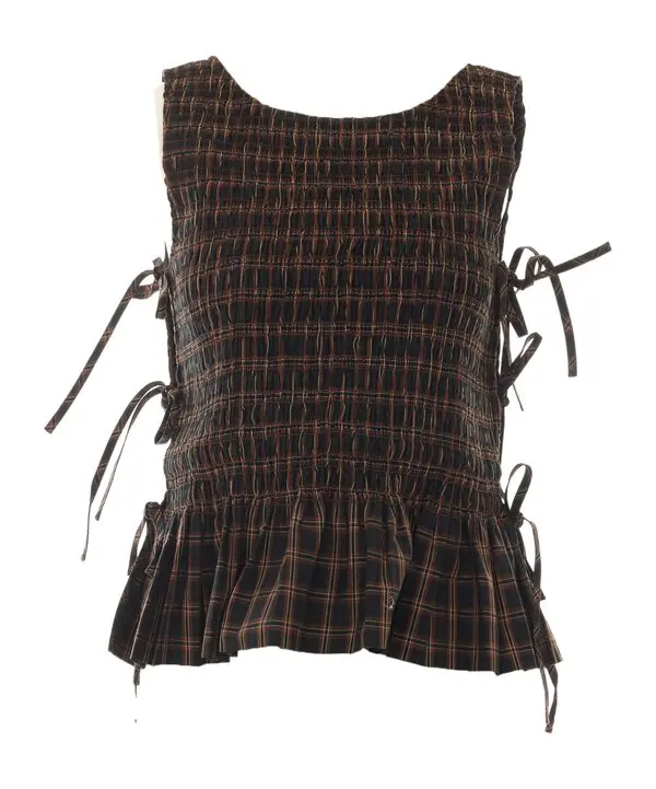 GANNI Smocked Check Lace-up Top