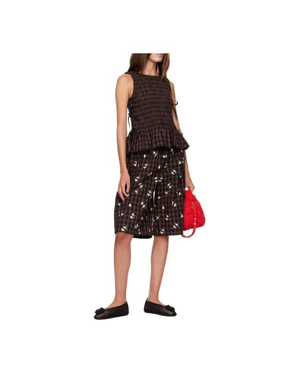 GANNI Smocked Check Lace-up Top