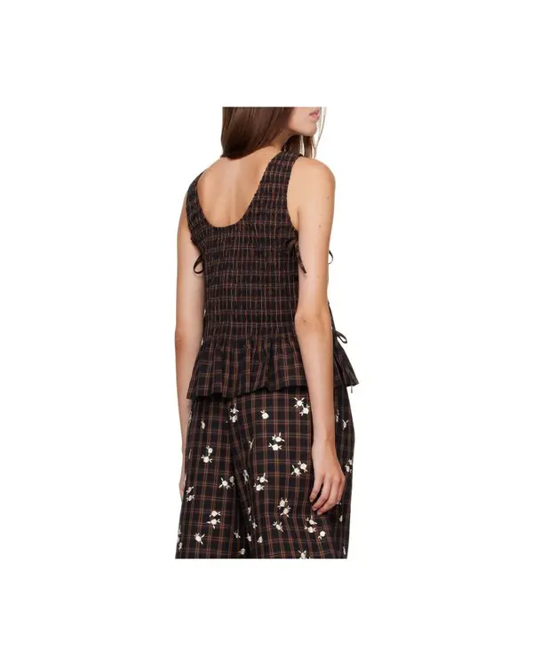 GANNI Smocked Check Lace-up Top