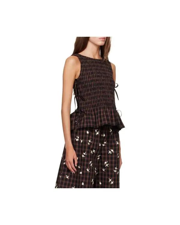 GANNI Smocked Check Lace-up Top