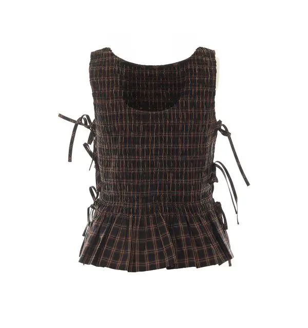 GANNI Smocked Check Lace-up Top - Brown