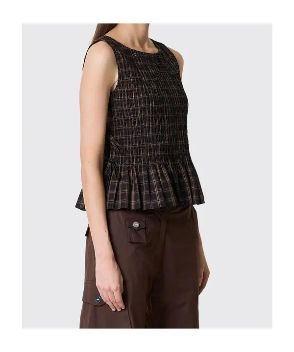 GANNI Smocked Check Lace-up Top - Brown