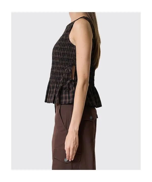 GANNI Smocked Check Lace-up Top - Brown