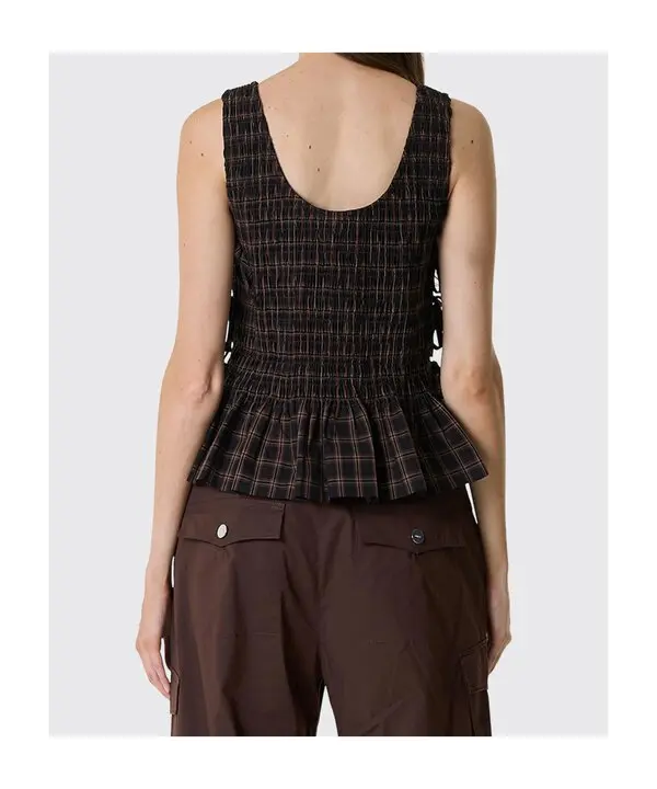GANNI Smocked Check Lace-up Top - Brown