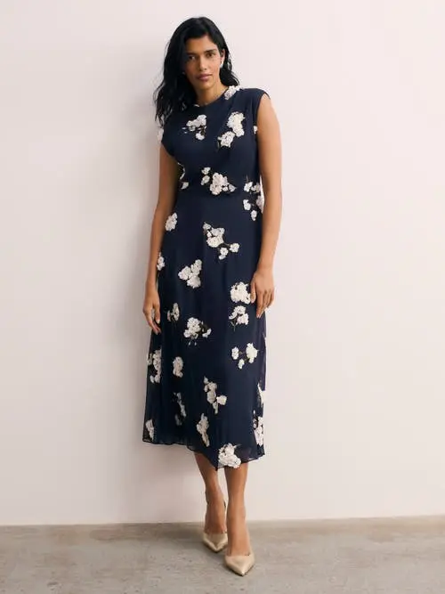 The Fold Embroidered Floral Midi Dress Cap Sleeve