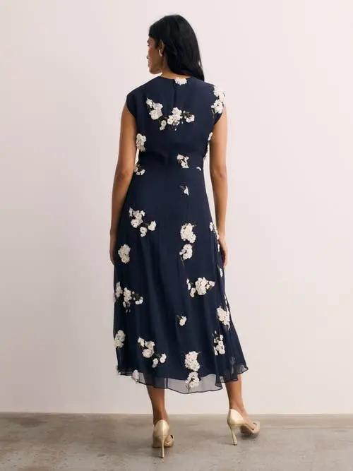 The Fold Embroidered Floral Midi Dress Cap Sleeve