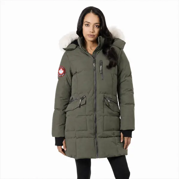 CANADA WEATHER GEAR Faux Fur Hood Bubble Puffer Coat - Db Olive