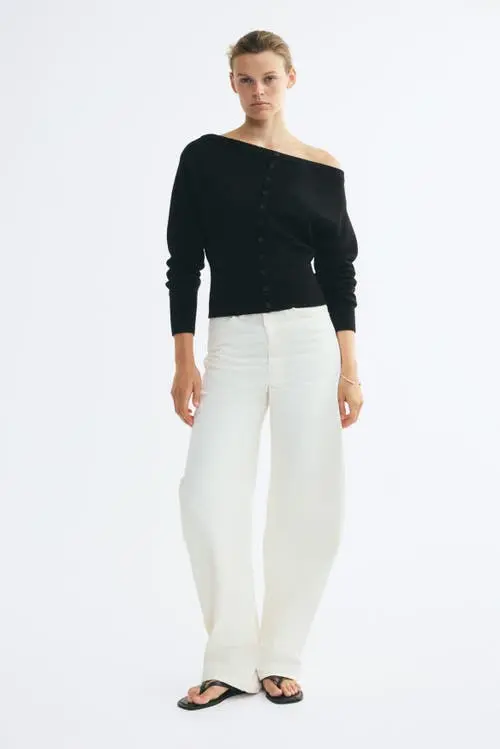 H&M Bouclé-knit Off-the-shoulder Cardigan