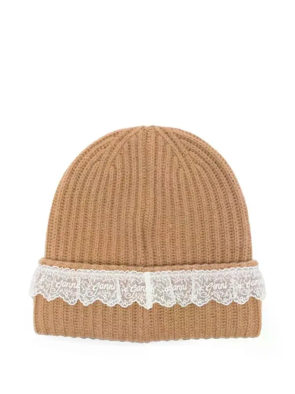 GANNI Lace-trimmed Ribbed Beanie Hat