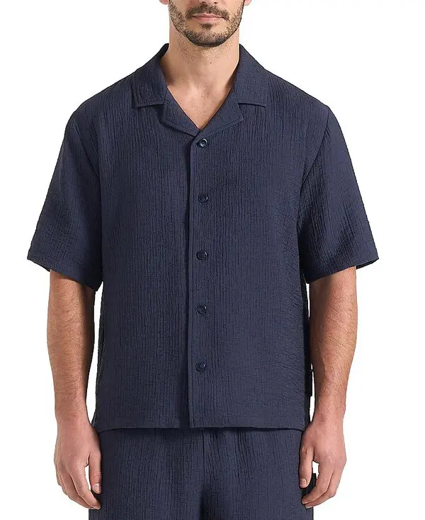 Manière De Voir Harley Textured Revere Shirt - Navy