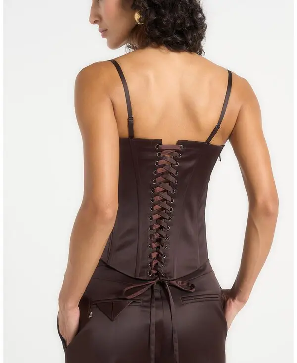 Manière De Voir Scarlett Satin Lace Up Corset - Brown