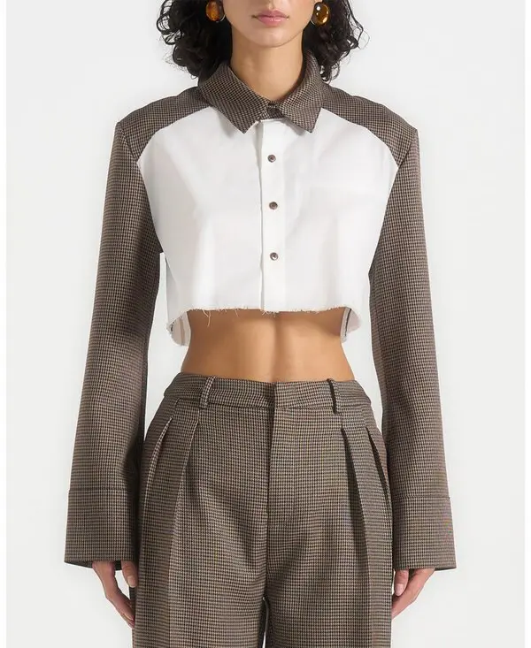 Manière De Voir Bernadette Houndstooth Contrast Cropped Shirt