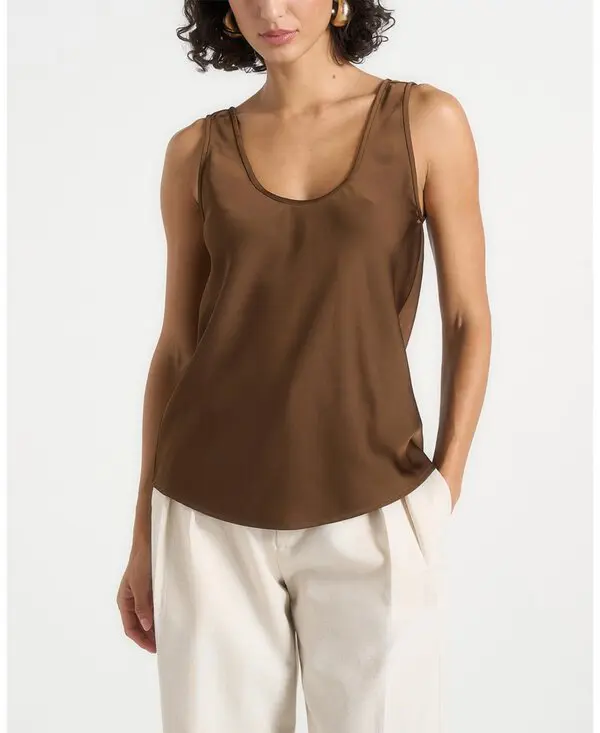 Manière De Voir Mathilda Satin Scoop Neck Open Back Tank Top - Brown