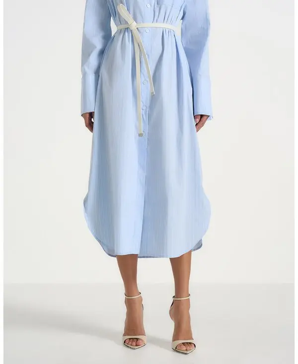 Manière De Voir Isa Belted Pinstripe Cotton Midi Shirt Dress - Pale Blue