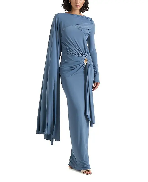 Manière De Voir Edena Asym Ruched Draped Maxi Dress - Blue
