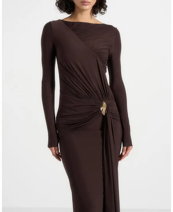 Manière De Voir Edena Asym Ruched Draped Maxi Dress - Brown