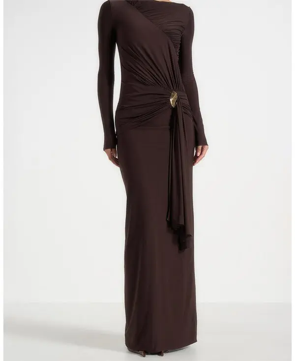 Manière De Voir Edena Asym Ruched Draped Maxi Dress - Brown