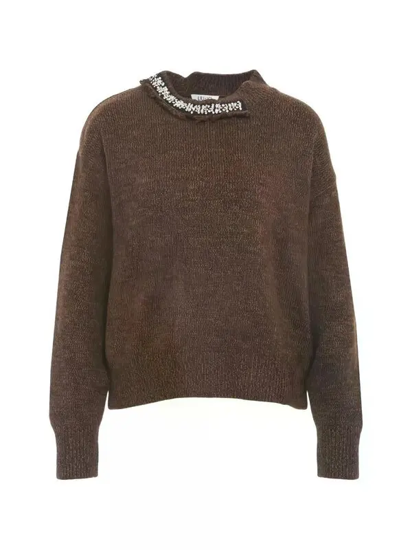 Liu Jo Embellished Frayed-collar Sweater - Brown