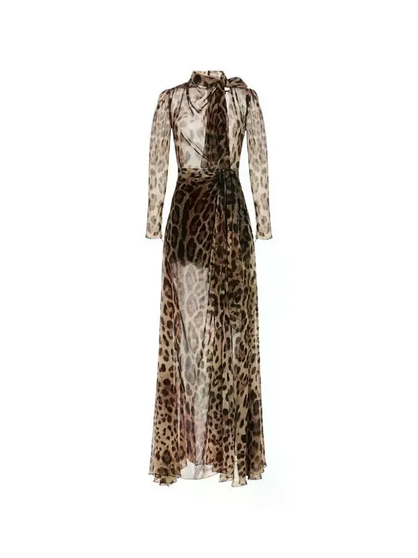 Dolce & Gabbana Georgette Dress With Leopard Print And Tie Details - Brown