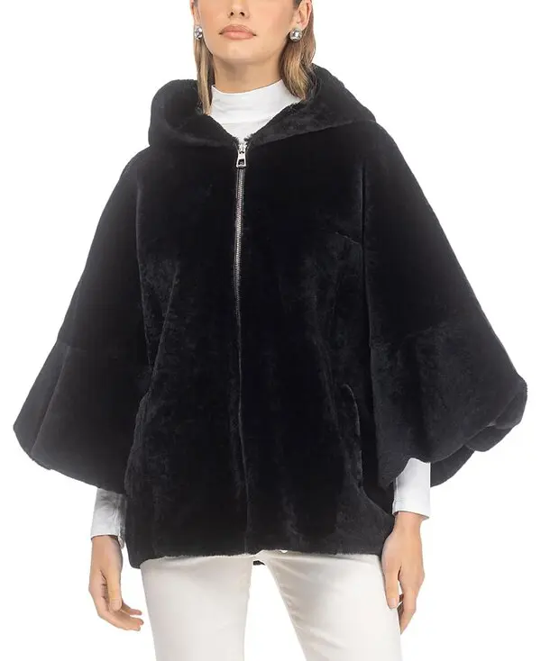 Gorski Textured Shearling Lamb Zip Jacket With Hood And Cropped Sleeves