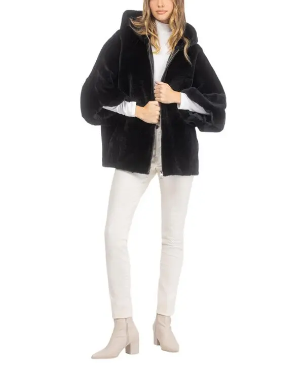 Gorski Textured Shearling Lamb Zip Jacket With Hood And Cropped Sleeves