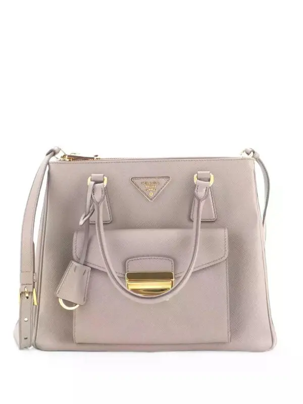 Prada Front Pocket Double Zip Lux Saffiano Leather Small Tote Bag