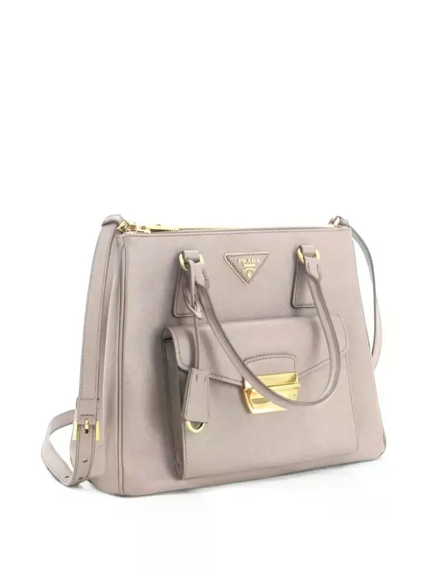 Prada Front Pocket Double Zip Lux Saffiano Leather Small Tote Bag