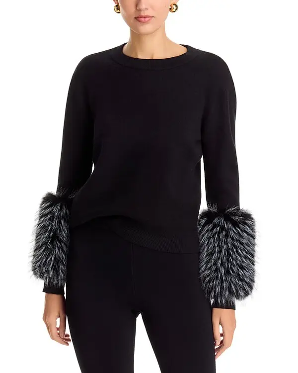 T Tahari Faux Fur Cuff Crewneck Sweater