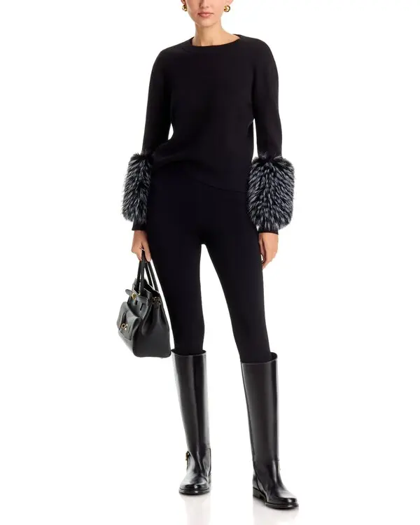 T Tahari Faux Fur Cuff Crewneck Sweater