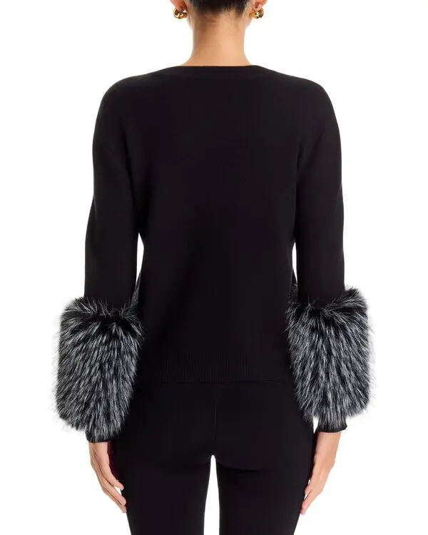 T Tahari Faux Fur Cuff Crewneck Sweater