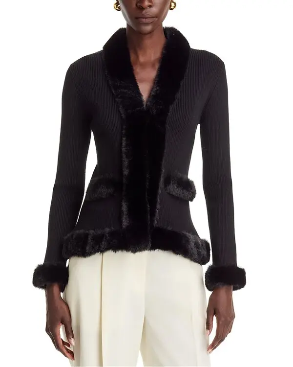 T Tahari Faux Fur Trim V Neck Cardigan - Black
