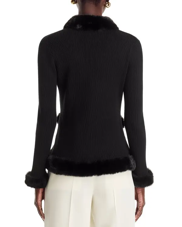 T Tahari Faux Fur Trim V Neck Cardigan - Black