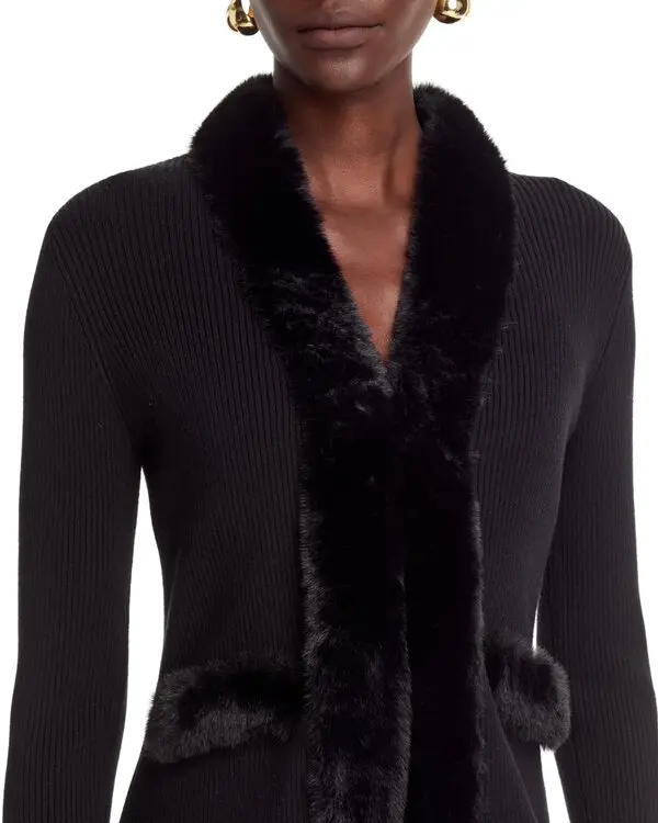T Tahari Faux Fur Trim V Neck Cardigan - Black