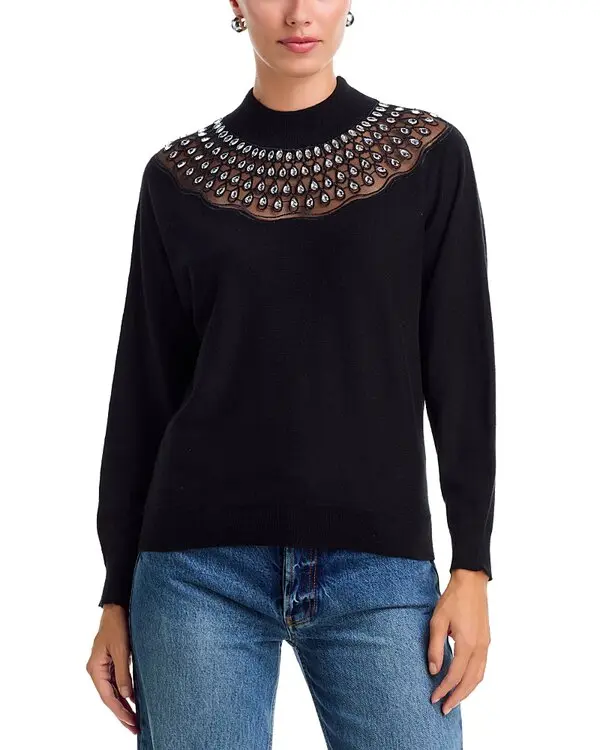 T Tahari Crystal Embellished Yoke Mock Neck Sweater - Black