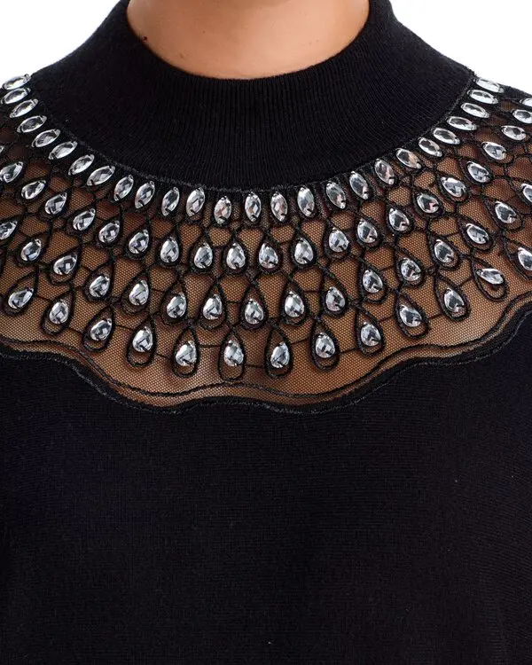 T Tahari Crystal Embellished Yoke Mock Neck Sweater - Black