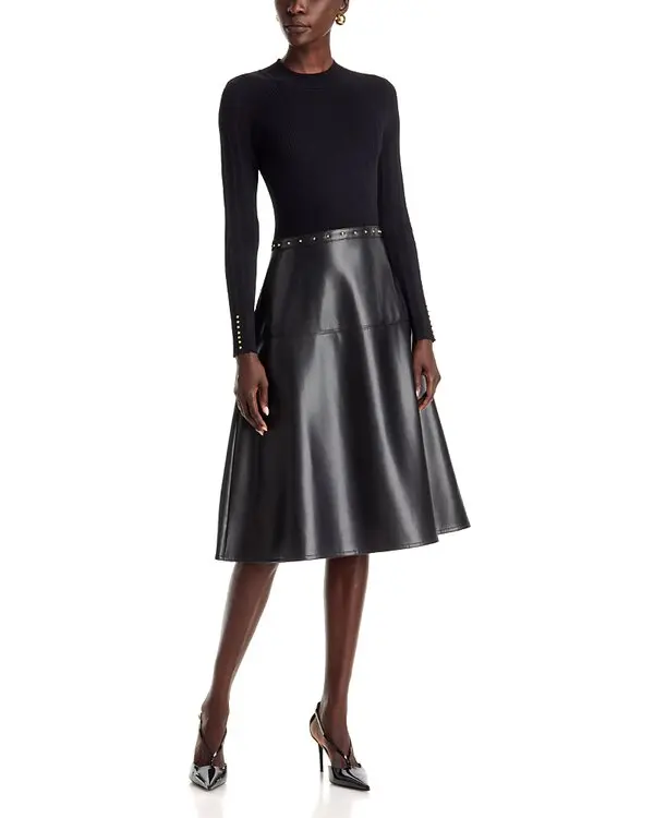 T Tahari Mock Neck Mixed Media Studded Dress - Black