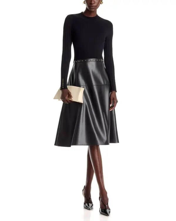 T Tahari Mock Neck Mixed Media Studded Dress - Black
