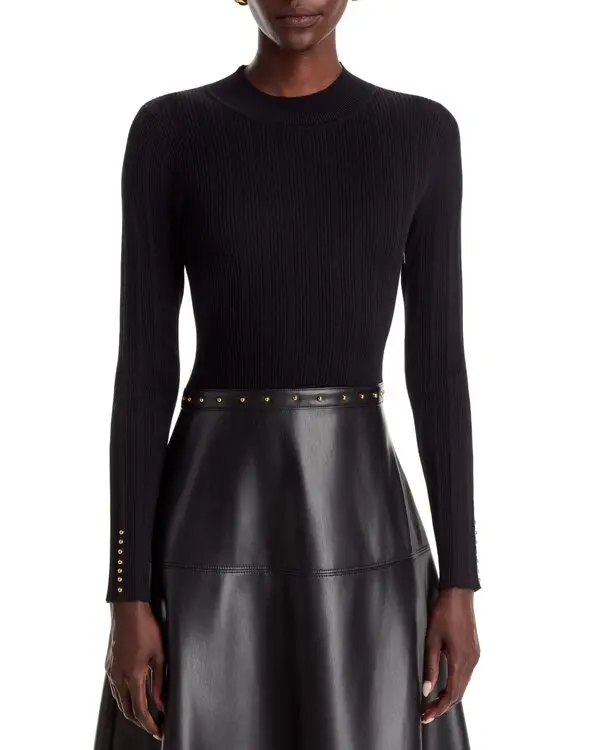 T Tahari Mock Neck Mixed Media Studded Dress - Black