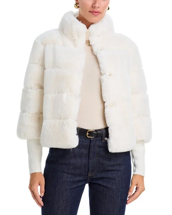 T Tahari Faux Fur Mock Neck Jacket - Soft Ivory