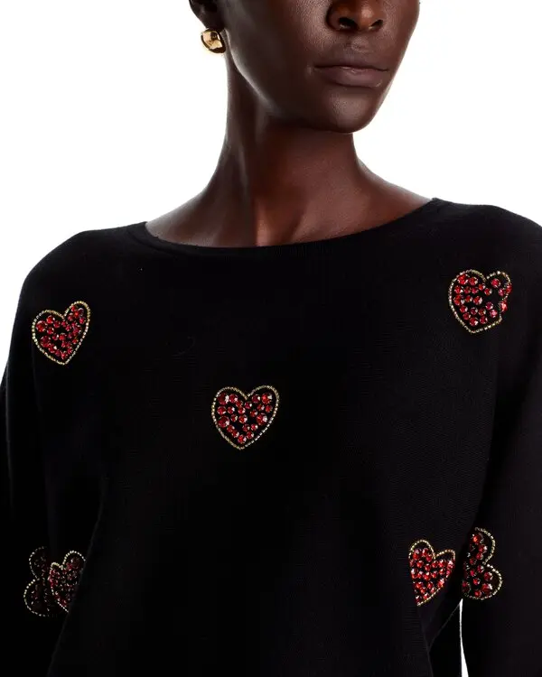 T Tahari Crystal Embellished Hearts Crewneck Sweater