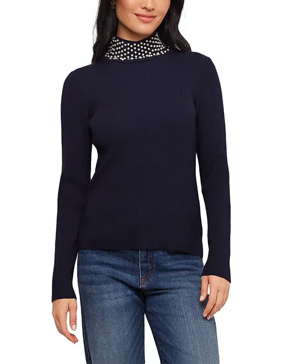 Karen Kane Faux Peal Embellished Turtleneck Ribbed Sweater - Navy