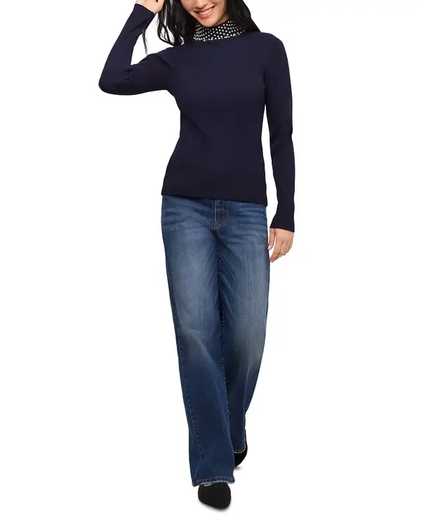 Karen Kane Faux Peal Embellished Turtleneck Ribbed Sweater - Navy