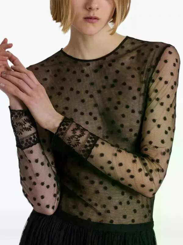 Alberta Ferretti Polka-dot Tulle Long-sleeve Blouse