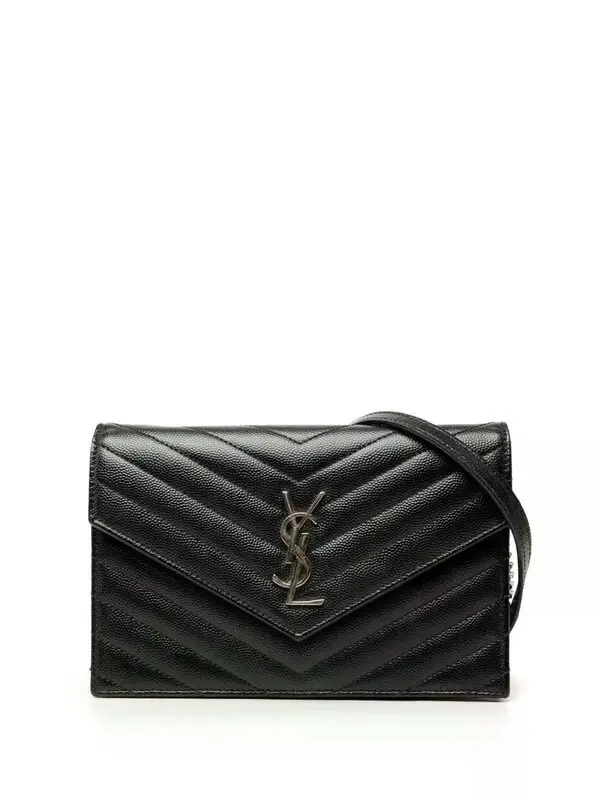 Saint Laurent 2022 Grain De Poudre Cassandre Envelope Chain Wallet Crossbody Bag - Black