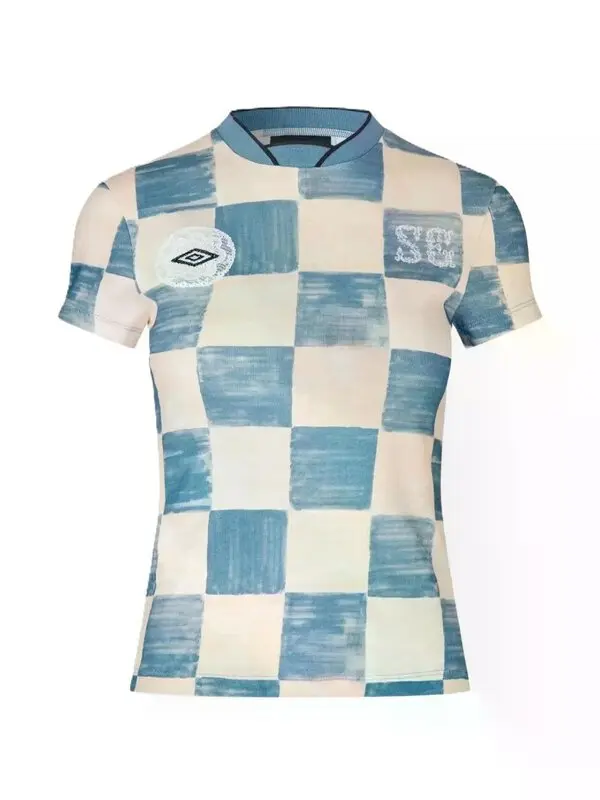 Stine Goya X Umbro Check-print Logo-patch Organic Cotton T-shirt - Neutrals