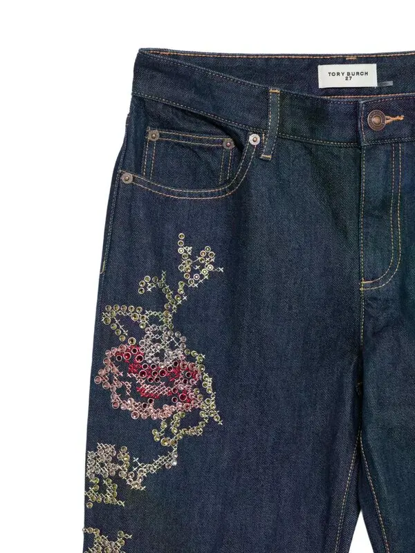 Tory Burch Crystal-embellished Floral-embroidered Jeans